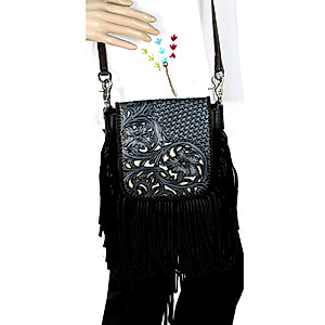 Western Genuine Leather Floral Tooled Fringe Womens Crossbody Bag 3 Color (Laser Cut Brown)