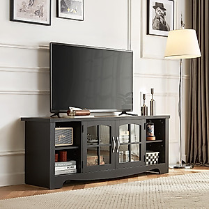 LINSY HOME Farmhouse TV Stand for 65 Inch TV, Wood Entertainment Center with Glass Door Storage Cabinet & Adjustable Shelves, Sturdy TV Console Table for Living Room Bedroom, Black