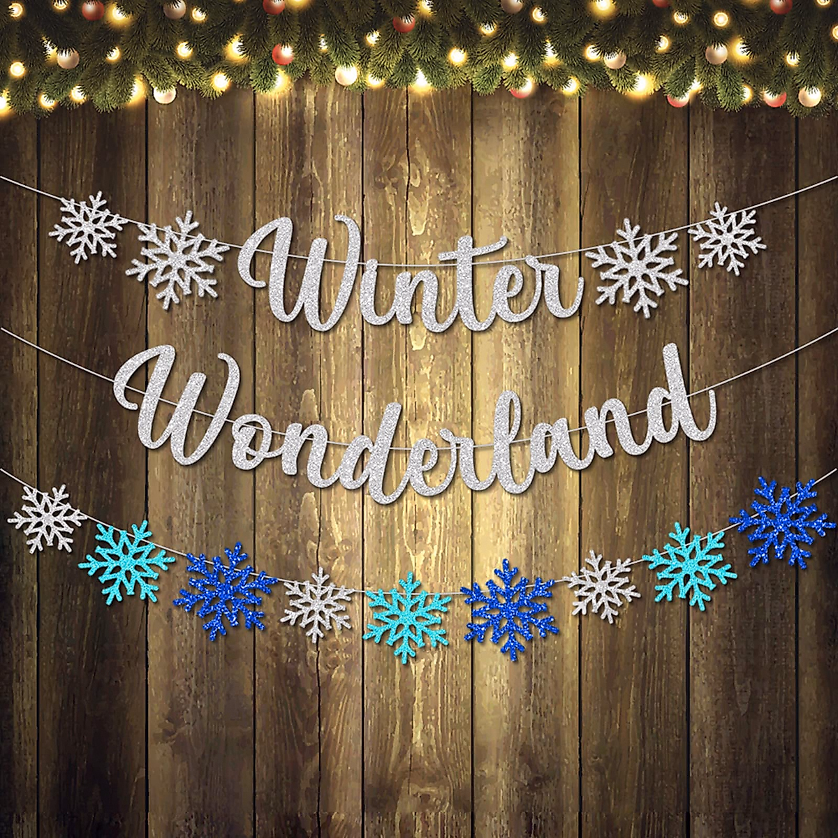 3Pcs Winter Wonderland Banners, Glittery Snowflake Banner Christmas Decorations Banners Winter Holiday Garland Photo Props Banner for Party Home Decorations