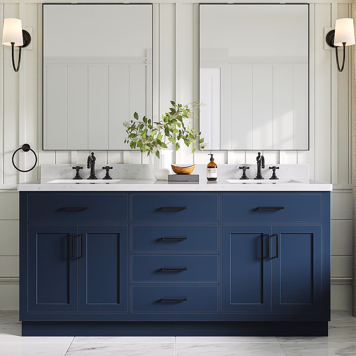 ARIEL Hepburn 72" Midnight Blue Double Vanity, 1.5" Edge Carrara Quartz Countertop & Splash, Rectangular Sinks, 4 Soft Closing Doors, 6 Full Extension Dovetail Drawers, Toe Kick, Matte Black