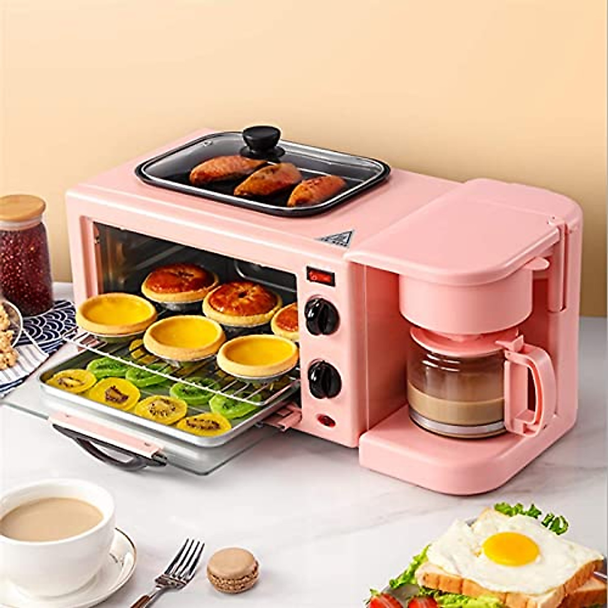Breakfast Machine Multifunctional ９L Electric Oven,Mini Small Home Toaster Home Multi Functional Three-in-One Automatic Breakfast Coffee Machine Air Fryer (Red Set Meal 1)
