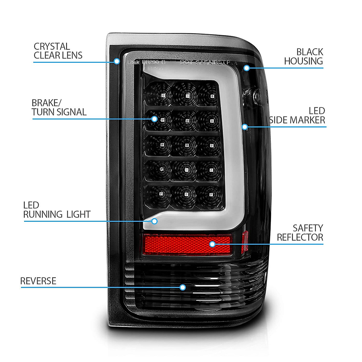 AmeriLite For 1993-1997 Ford Ranger C-Type Halogen, Led, Tube Replacement Pickup Truck Taillight Set - Passenger and Driver Side, Vehicle Light Assembly, Black