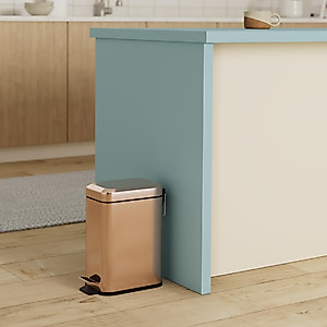 Homie Soft Close, Slim Trash Can 1.6 Gallon with Anti - Bag Slip Liner and Lid, Use as Mini Garbage Basket, Slim Dust Bin, or Decor in Bathroom, Restroom, Kitchen, or Bedroom (Rose Gold)