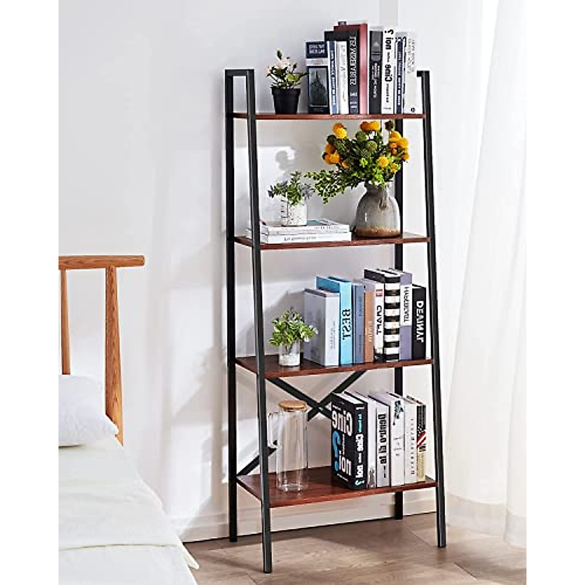 ELEHINSER Ladder Bookshelf, 4-Tier Industrial Ladder Shelf Free Standing Bookcase, Organizer Shelves for Plant Flower, Storage Rack Shelves for Living Room, Bedroom, Kitchen, Bathroom, Rustic Brown