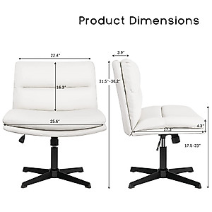 PUKAMI Armless Office Desk Chair No Wheels,PU Leather Criss Cross Legged for Home,Modern Swivel Vanity and Mid-Back Computer Chair,Height Adjustable Wide Seat for Task (White)