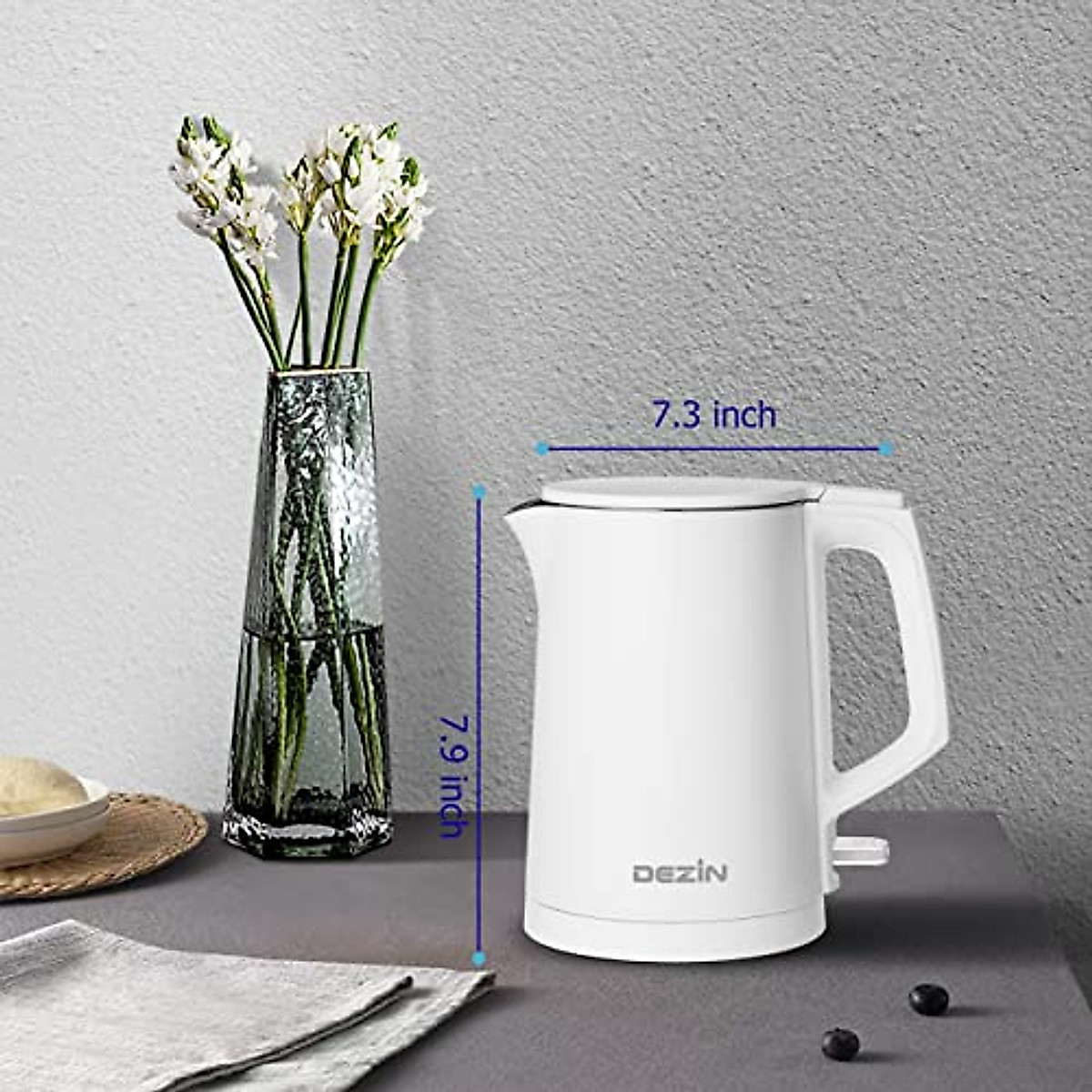 Dezin Electric Kettle, 0.8L Portable Travel Kettle with Double Wall Construction, Stainless Steel Electric Tea Kettle for Business Trip, Small Electric Kettle with Auto Shut-Off, White (Without Cup)