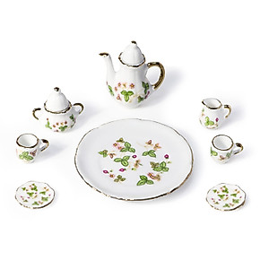 Dollhouse Tea Cup Sets 1:6 Scale Miniature Porcelain Dollhouse Accessories 8PCS Flower Pattern Teapot Platter Dish Sets Dollhouse Kitchen Supplies Decoration (Green)