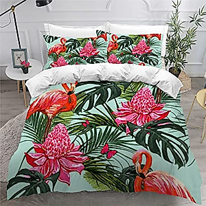 Quilt Cover Full Size Pink Flamingo 3D Bedding Sets Palm Leaves Duvet Cover Breathable Hypoallergenic Stain Wrinkle Resistant Microfiber with Zipper Closure,beding Set with 2 Pillowcase