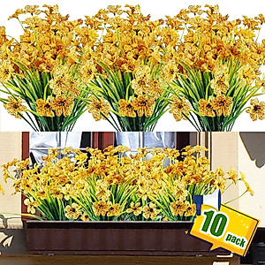 10 Bundles Artificial Flowers Outdoor UV Resistant Plastic Plant Silk Flower, Faux Fake Flower Greenery Shrub Plant Indoor Outdoor Hanging Planter Home Garden Porch Window Box Decor (Yellow)