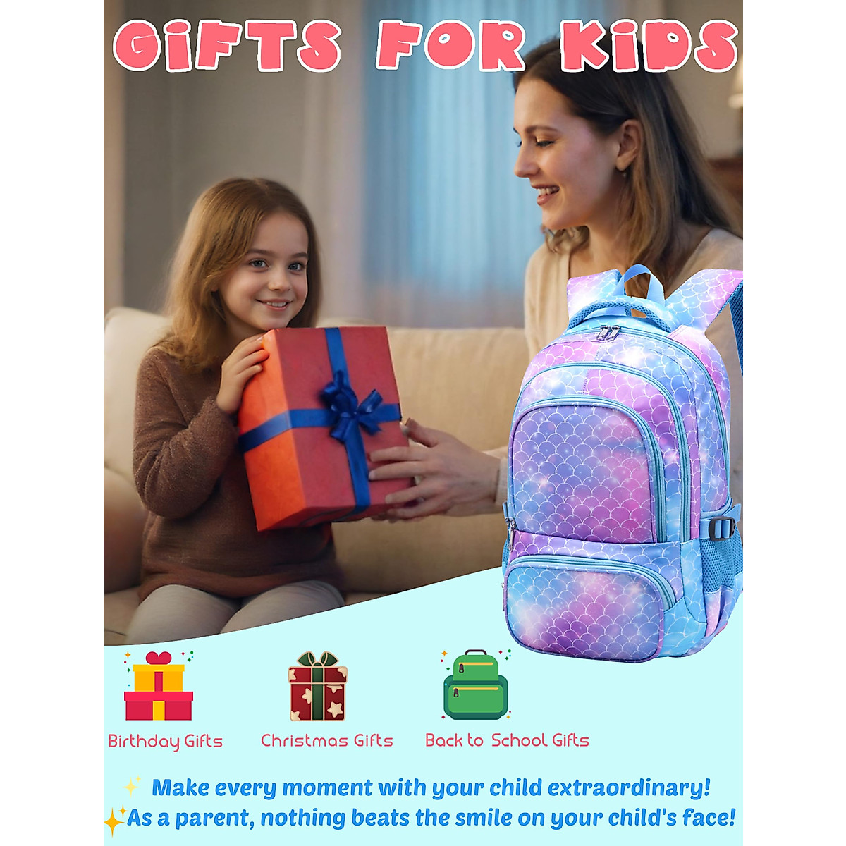 BLUEFAIRY Girls Backpack with Lunch Box Set Mermaid School Bag Set for Kids Elementary Primary School Book Bags Back to School Bookbags for Childs Lightweight Mochila para Niñas Cute Gifts Aged 4-8