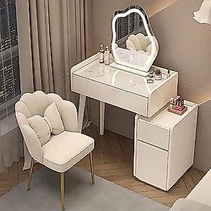 Attega Cute Vanity Desk Set, Makeup Vanity Table with Side Cabinet and Petal Chair, Dressing Table Set for Small Bedroom (White, 27 Inch)
