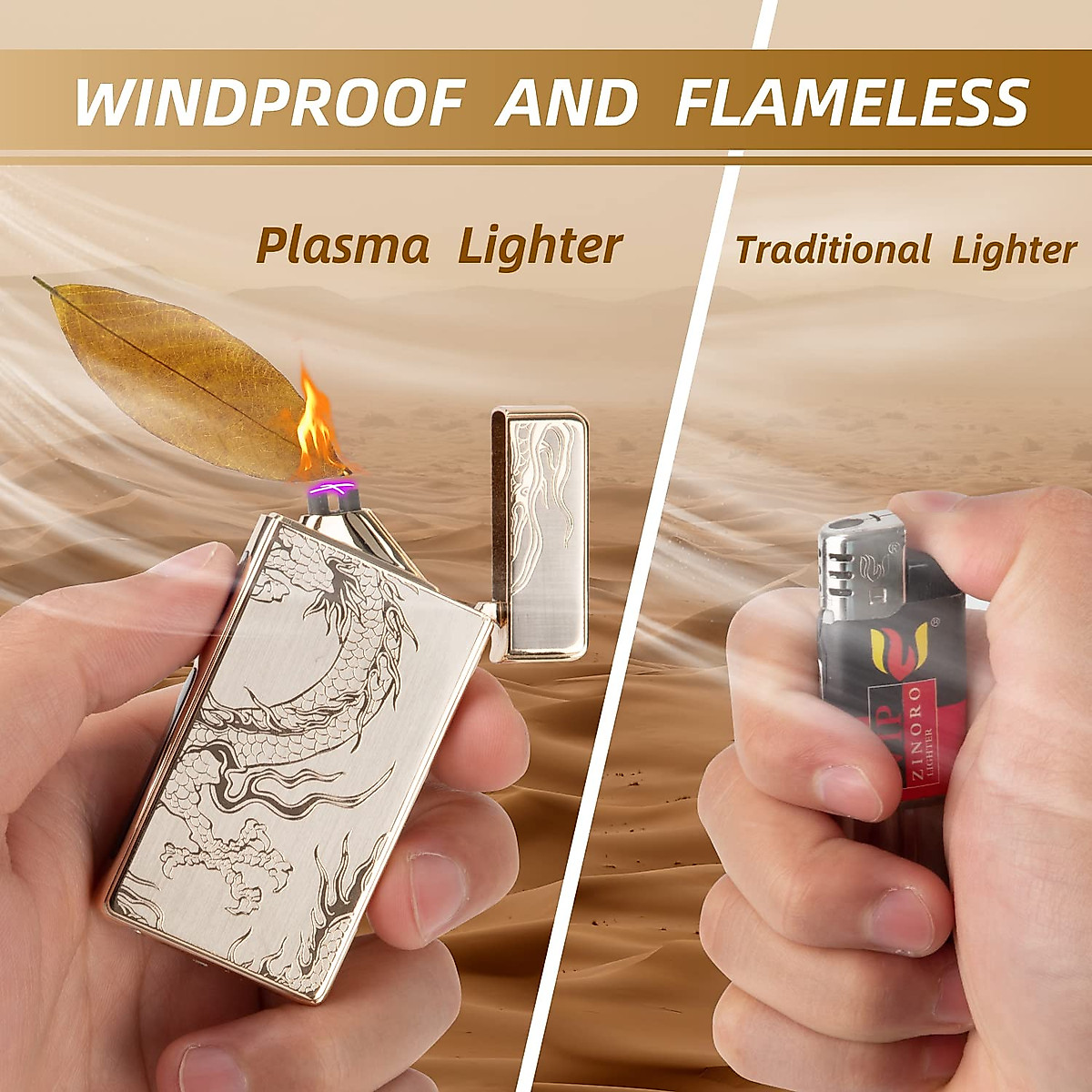 LcFun Electric USB Rechargeable Lighter, Windproof Plasma Dual Arc Lighter, Electronic Flameless Cool Lighters Gifts for Men Fathers Husband (Gold Dragon)