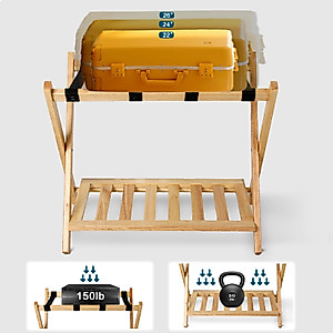 Babion Folding Luggage Racks with Shelf, Wooden Suitcase Stand, 2 Tier Foldable Luggage Racks with Heavy Duty Nylon Belts, Suitcase Bag Holder for Bedroom Guest Room, 4 Pack