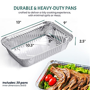 FUNSTITUTION Aluminum Foil Pans 9x13 (30 Pack) - Disposable Aluminum Baking Pans With High Heat Conductivity For Grilling, Cooking, Storing, Prepping, Disposable Aluminum Pans and Tin Foil Pan