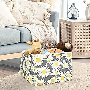 ZRWLUCKY Floral Pattern Camomile Cute White Storage Bins with Lids and Handle Durable Collapsible Storage Container Bin for Playroom, Office, Kids, Nursery