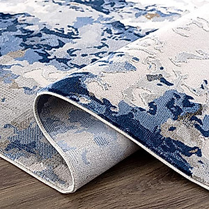 Abani Transitional Rugs Grey & Blue Swirl 5'3"x7'6" (5x8) Area Rug - Abstract Marble Watercolor No-Shed Premium Dining Room Rug