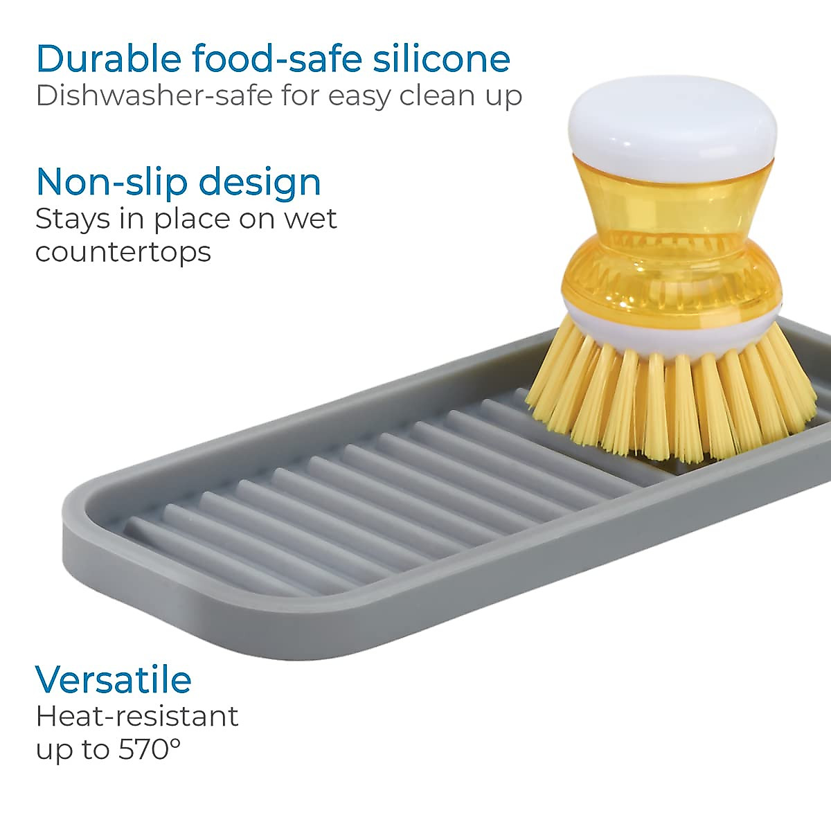 iDesign 63883 Lineo Silicone Kitchen Sink Tray for Sponges, Scrubbers, Soap, Stovetop Spoon Holder, 9" x 3.5" x 0.5", Gray