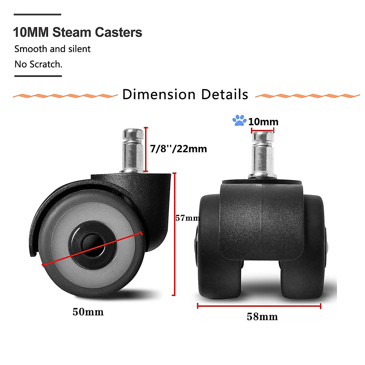 Office Chair Wheels Set of 5, (10MM Fit IKEA Chair Only) Heavy Duty Computer Desk Chair Wheels Replacement with 4 Ball Bearings,YAEMIKY 700Lbs Soft Rubber Casters for Wood Floors No More Chair Mat
