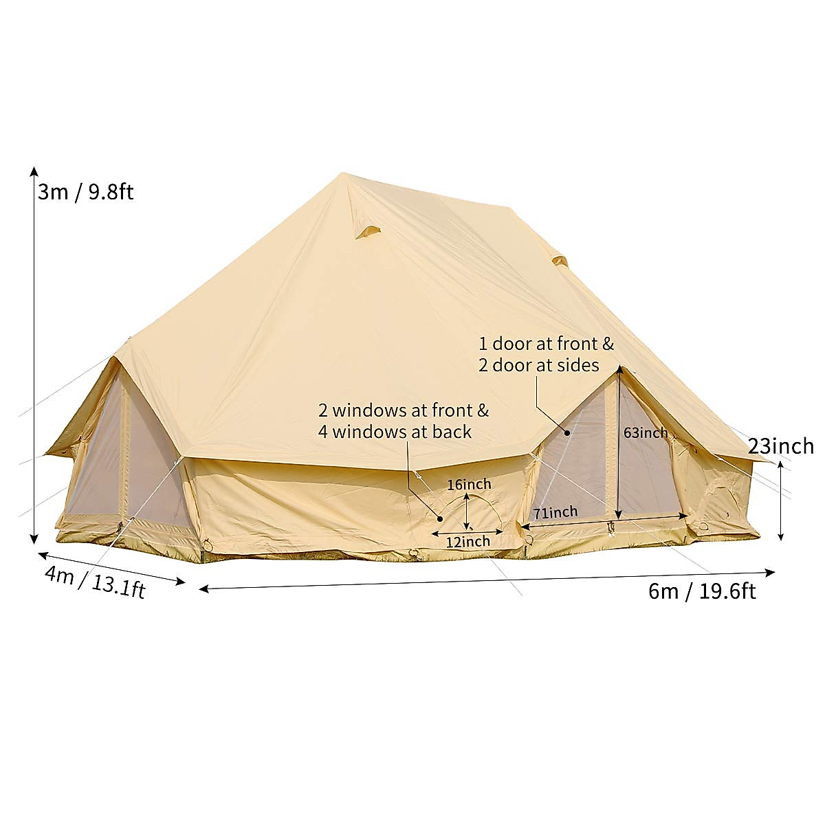 UNISTRENGH UNISTRENGH Large Luxury 6M Cotton Canvas Camper Tent Waterproof Bell Tent with 3 Doors for 8-12 People Camping,Hiking and Family Party