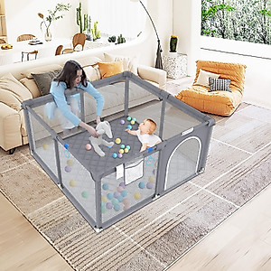 JUSONEY Baby Playard,Baby Playpen with Mat,50”×50” Baby Playpen for Toddler with Gate, Indoor & Outdoor Playard for Kids Activity Center with Anti-Slip Base,Sturdy Safety,Soft Breathable Mesh-Grey