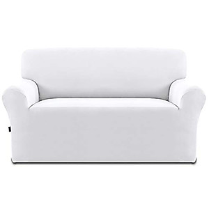 Easy-Going Fleece Stretch Sofa Slipcover Spandex Non-Slip Soft Couch Sofa Cover, Washable Furniture Protector with Anti-Skid Foam and Elastic Bottom for Kids, Pets(Loveseat, Snow White)