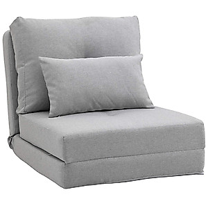 HOMCOM Convertible Flip Chair, Floor Lazy Sofa, Folding Upholstered Couch Bed with Adjustable Backrest, Metal Frame and Pillows for Living Room Bedroom, Light Grey