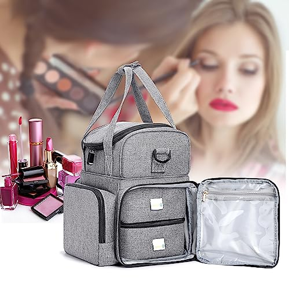 LEAFFUP 2 Layers Large Travel Makeup Bag with 2 Removable Pouches, Large Cosmetic Bag with Detachable Partition, Portable Cosmetic Bag with Multiple Storage Sections (Patent Pending), Grey