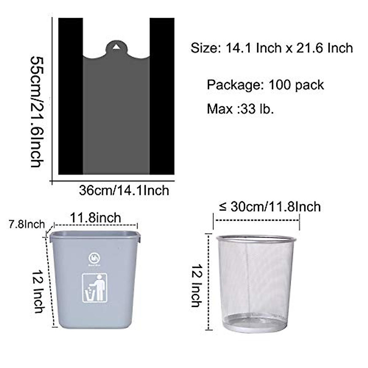 YYaaloa 100 pcs Small Black Trash Bags with Handles 14x22 Super Thick plastic Rubbish Bags,T-shirt bags,Wastebasket Bags for Office, Picnic,Kitchen, Bulk Bags (Black 100 pack)