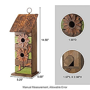 Glitzhome 14.5" H Wooden Garden Bird House Hanging Two-Tiered Distressed with Flowers Decorative Birdhouse