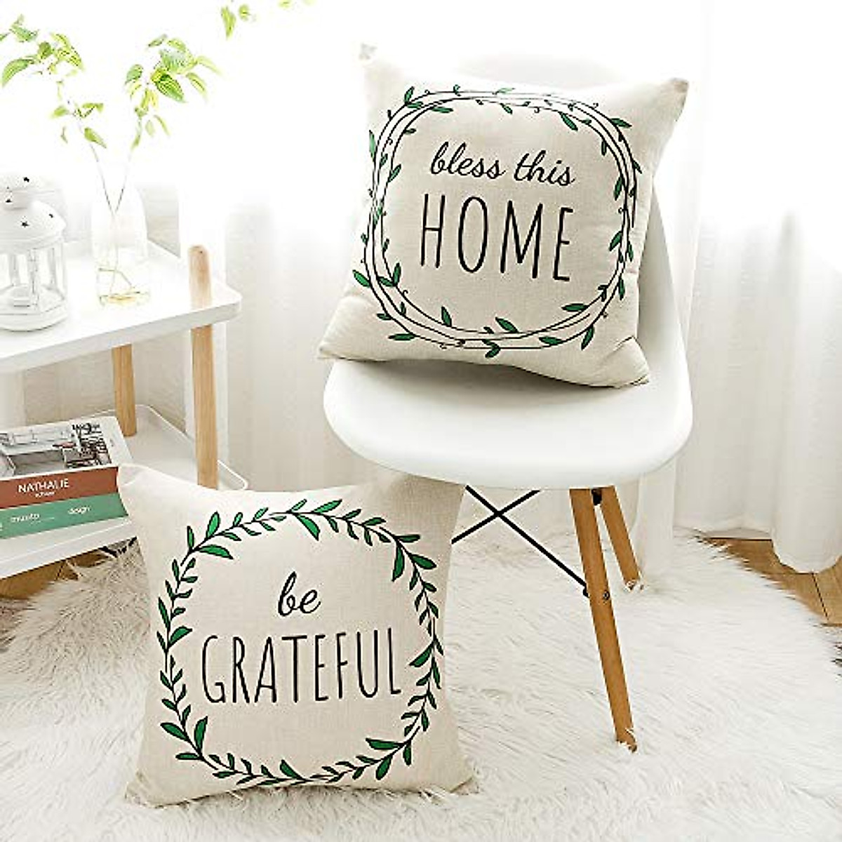WLNUI Summer Pillow Covers 18x18 Inch Summer Home Decorations Set of 4 Green Wreath Decorative Throw Pillow Covers Cushion Case for Farmhouse Home Decor