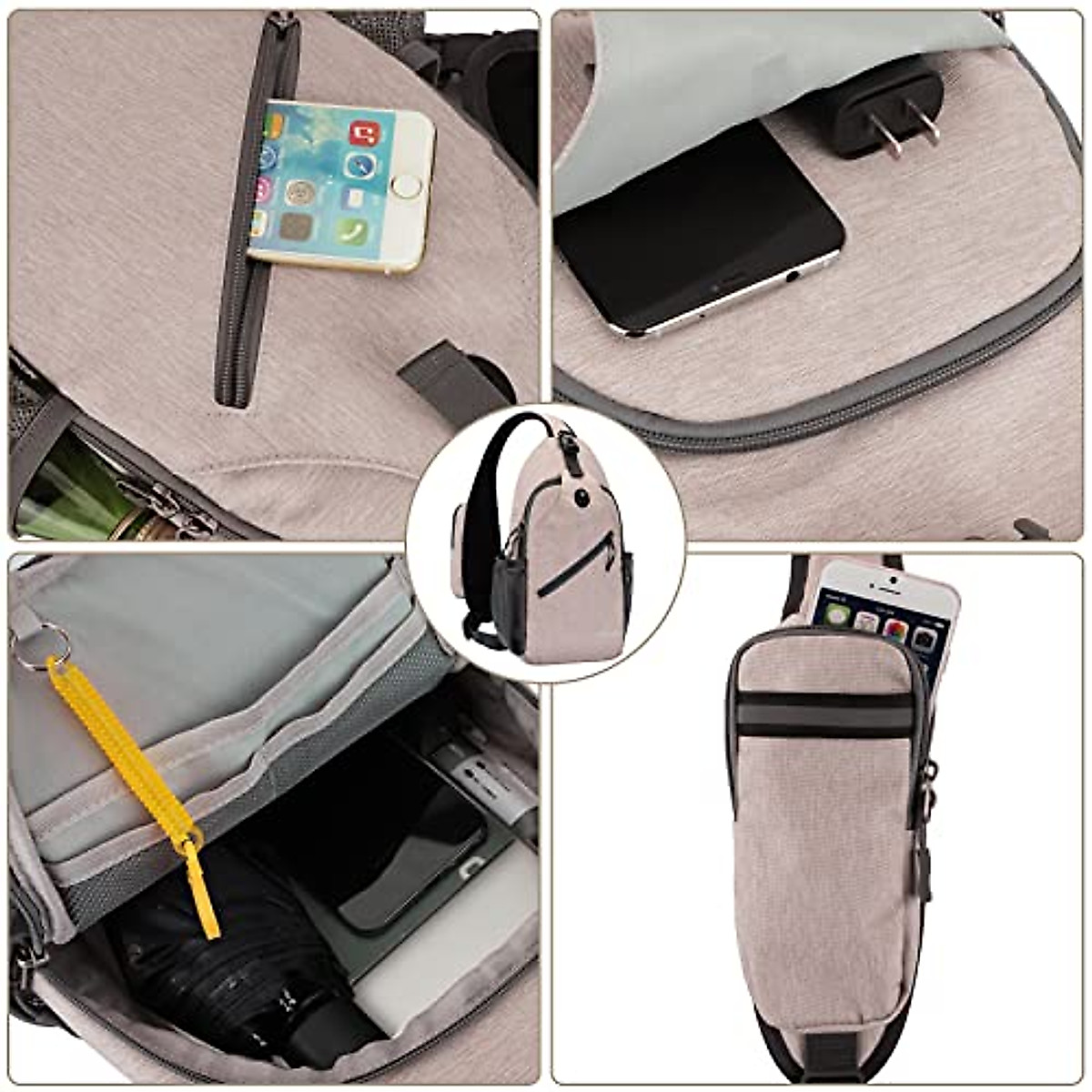 Fancosni Sling Bags for Women Men, Crossbody Sling Backpack, Chest Bag Lightweight Shoulder Bag, Multipurpose Sling Bag for Travel, Hiking, Shopping, Walking, Biking, Cycling, Earphone Hole, Beige