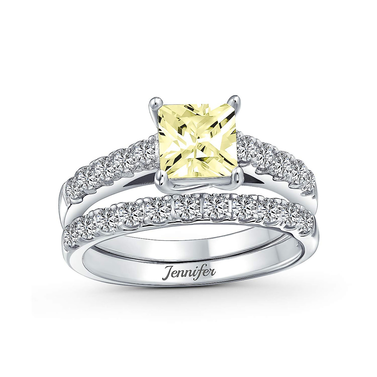 1CT Brilliant Canary Yellow Cubic Zirconia Square Princess Cut Solitaire Cathedral Setting Thin Eternity Pave Band AAA CZ Anniversary Engagement Wedding Ring Set .925 Sterling Silver
