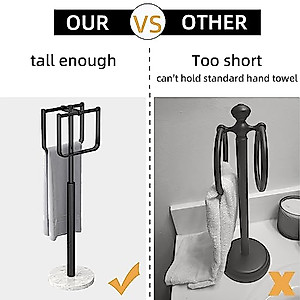 Marble Hand Towel Holder Stand with 2 Hanging Ring for Bathroom Kitchen Countertop, Stainless Steel Free-Standing Towel Rack with Marble Base, Matte Black