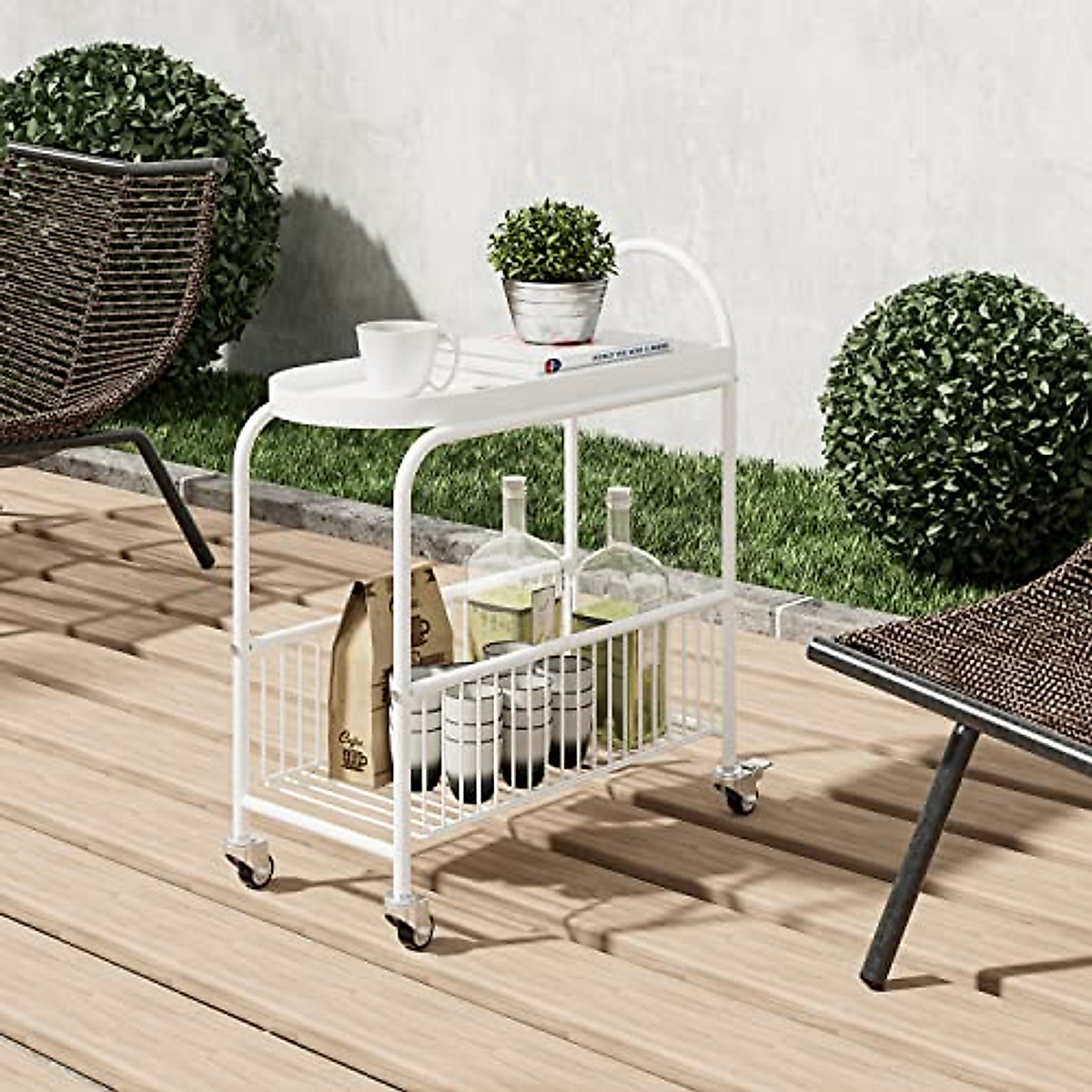 AEPOALUA Bar Cart, Mini Bar Cartwith Magazine Holder, Modern Two Tier Silver Bar Cart for Bedroom,Bathroom, Kitchen,Indoor, Patio White