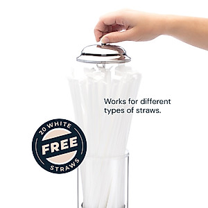 SimplyImagine Acrylic Straw Holder- 13 Inch Tall Drinking Straw Dispenser for Smoothie Tubes, Retro Reusable Storage Container of House Supplies- Metal Base and Lid with 20 Clear Straws in White Pack