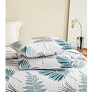 DURLENGEN Floral Quilt Set Queen Size 3Pcs, Teal & Khaki Leaves Printed on White, All Season Lightweight Coverlet Sets(Queen 90x96, Botanical Teal)