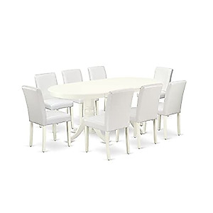 East West Furniture VAAB9-LWH-64 9Pc Dinette Set Includes a 59/76.4 Inch Oval Dining Table with Butterfly Leaf and 8 Parson Chair with Linen Leg and PU Leather Color White, 9 Pieces