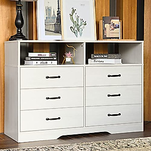 Catrimown White 6 Drawer Dresser for Bedroom Mid Century Modern Dresser Chest of Drawer for Bedroom White Dresser with Shelves Wood Wide Double Dresser for Bedroom Living Room, Wash White