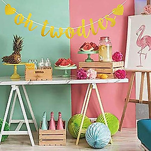 Oh Twodles with Two Gold Hearts Banner, Vintage Sign Garland for Baby Boys/Girls' Second Birthday Party Supplies, Babies' 2nd Birthday Party Decoration