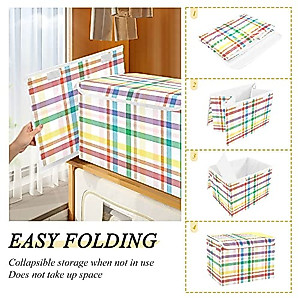 SUABO Rainbow Tartan Glen Plaid Storage Bin with Lid Large Oxford Cloth Storage Boxes Foldable Home Cube Baskets Closet Organizers for Nursery Bedroom Office