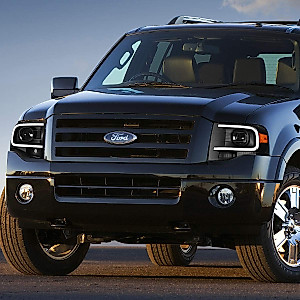 Auto Dynasty Halogen Model 3D LED DRL Projector Headlights Assembly Compatible with Ford Expedition 07-14, Driver and Passenger Side, Black Housing Amber Corner