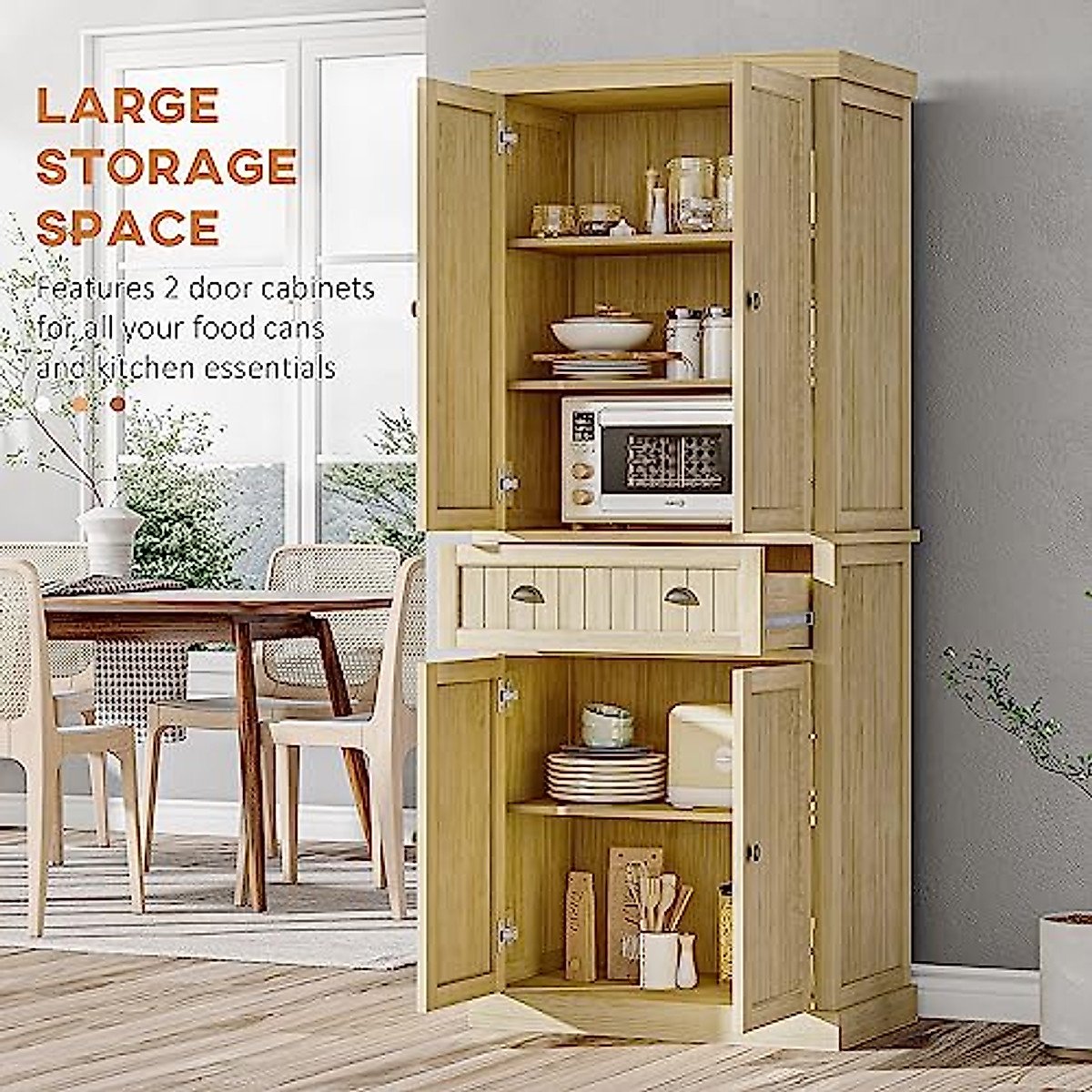 HOMCOM 72" Pinewood Large Kitchen Pantry Storage Cabinet, Freestanding Cabinet with Doors and Shelf Adjustability, Soft-Close Mechanism, Living Room & Dining Room Furniture, Natural