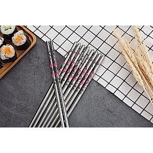 HuaLan Stainless Steel Chopsticks, Metal Alloy Chopstick, Reusable Non-slip Design Chop Sticks, 5 Pairs Gift Set,Plum Pattern Design