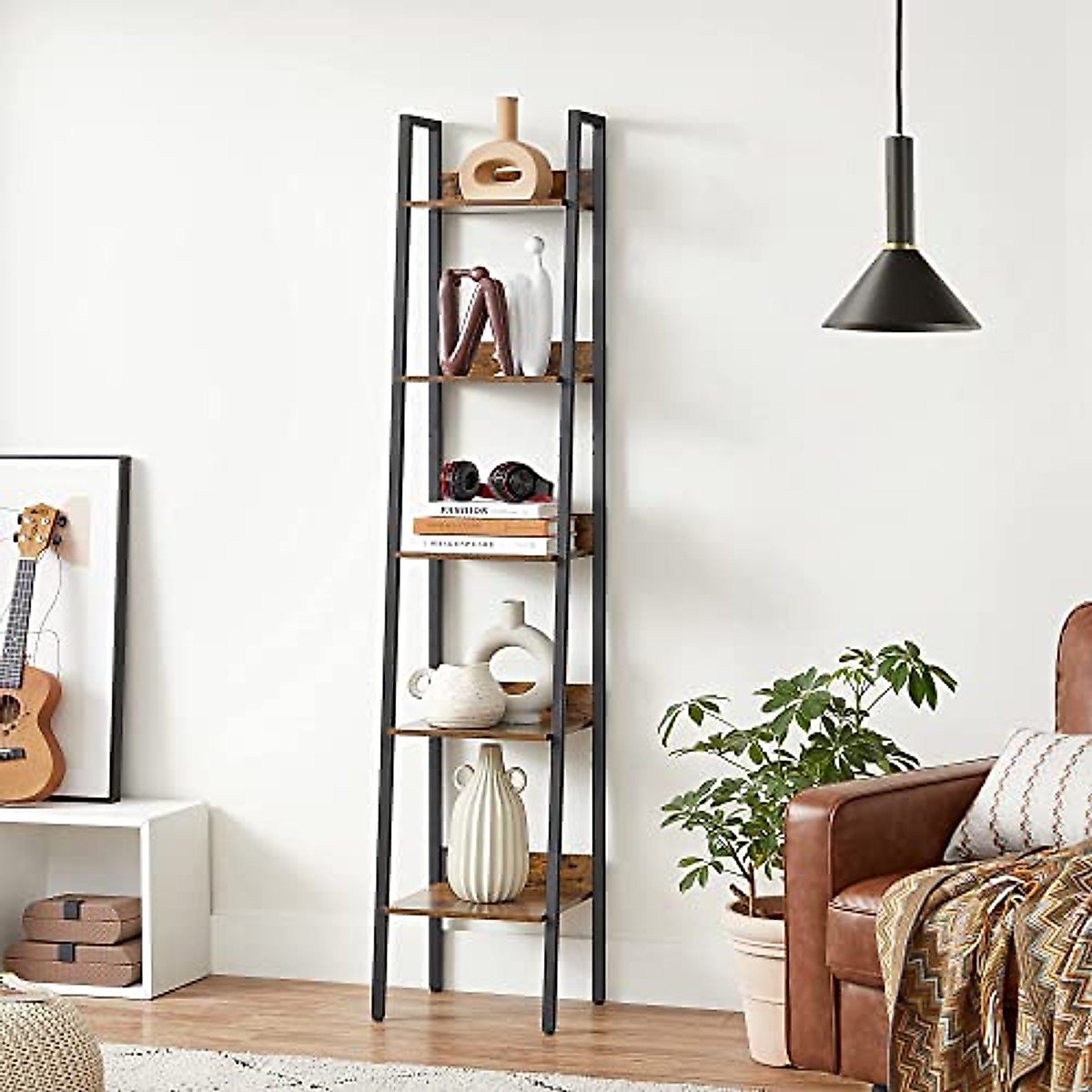 VASAGLE Bookshelf, 5-Tier Narrow Book Shelf, Ladder Shelf for Home Office, Living Room, Bedroom, Kitchen, Rustic Brown and Black ULLS109B01