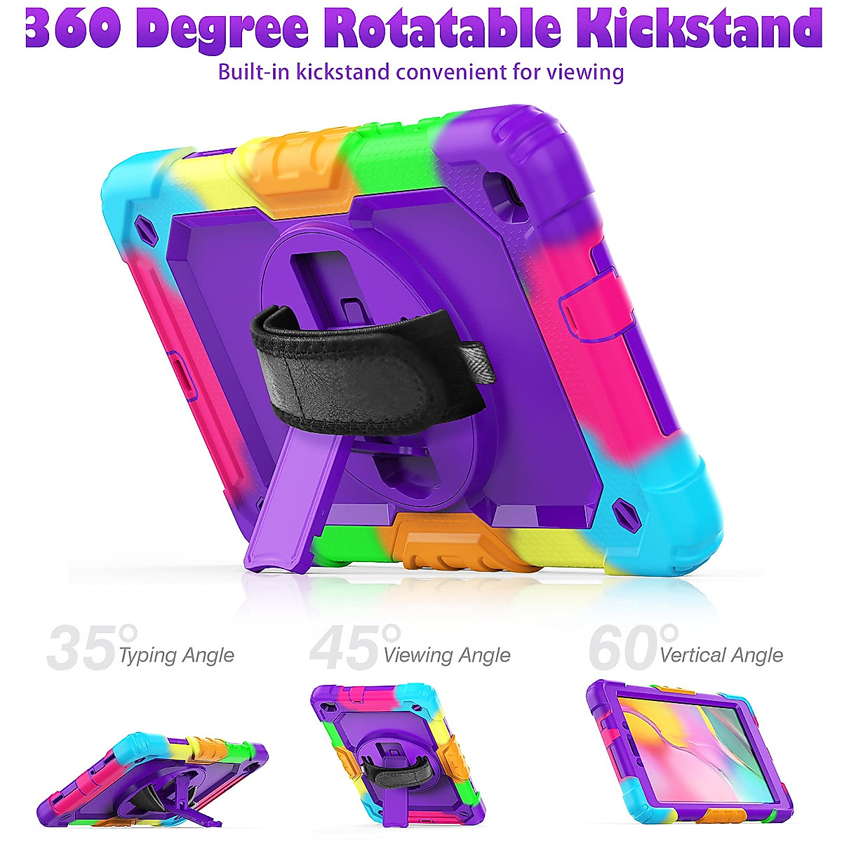 ausleben 2019 Case for Samsung Galaxy Tab A 8.0 inch case 2019,SM-T290/SM-T295.Full Body Protection Case with Built-in Screen Protector Pen Holder [360 Rotating Hand Strap] for T290 (Colourful)