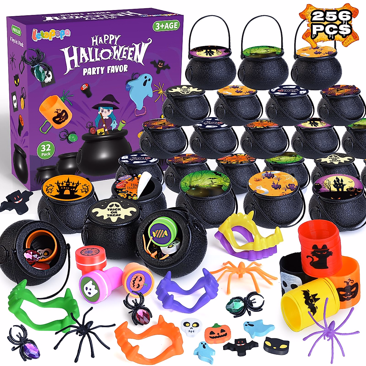 Letapapa 256 PCS Halloween Party Favors for Kids, 32 Pack Prefilled Small Plastic Witch Cauldron With Assorted Halloween Toy In Bulk, Miniatures for Kids Trick or Treat, Halloween Classroom Rewards