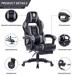 KILLABEE Massage Gaming Chair High Back PU Leather PC Racing Computer Desk Office Swivel Recliner with Retractable Footrest and Adjustable Lumbar Support, Gray/Black