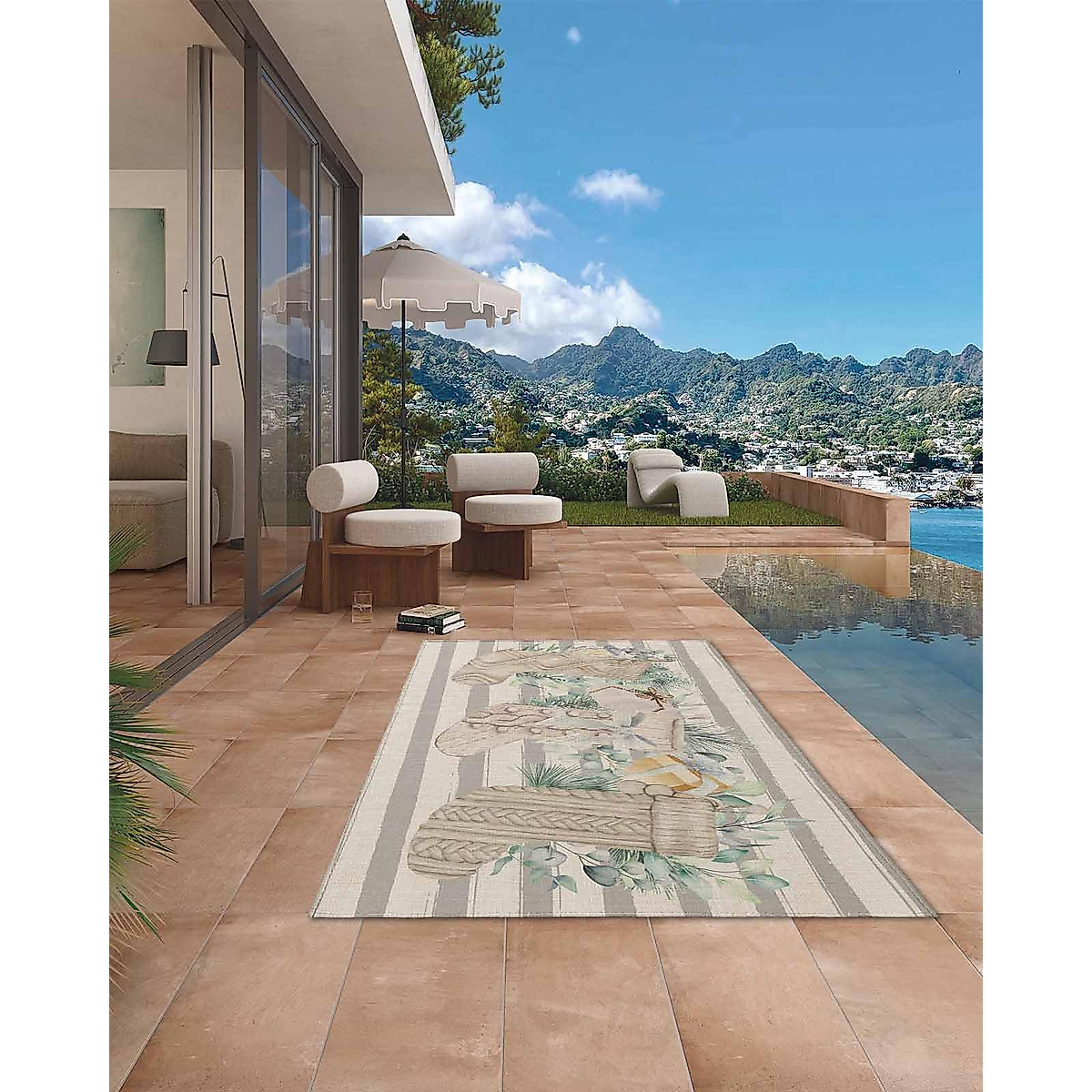 Christmas Stockings Outdoor Rugs for 5'x8' Patios Clearance, RV Camping Mat Rug Portable Outside Rug Indoor Outdoor Area Rug Mat for Beach Deck Pool Eucalyptus Leaves Rustic Stripes