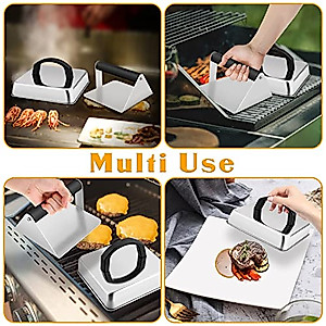 Leonyo Square 6.2 Inch Melting Dome Set of 2 & 5.5 Inch Burger Press, Heavy Duty Griddle Grill Steam Dome Lid (2 Pack), Stainless Steel Smash Bacon Grill Press for Burger Patty Cast Iron Flat Top BBQ