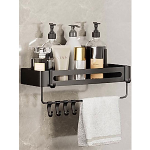 Shower Caddy - No-Drill Aluminum Bathroom & Home Decor Shelf, Wall Mounted Dual Corner Shelf with Hooks - Rustproof Stainless Steel In Matte Black Finish - Adhesive Bathroom Shower Caddy.